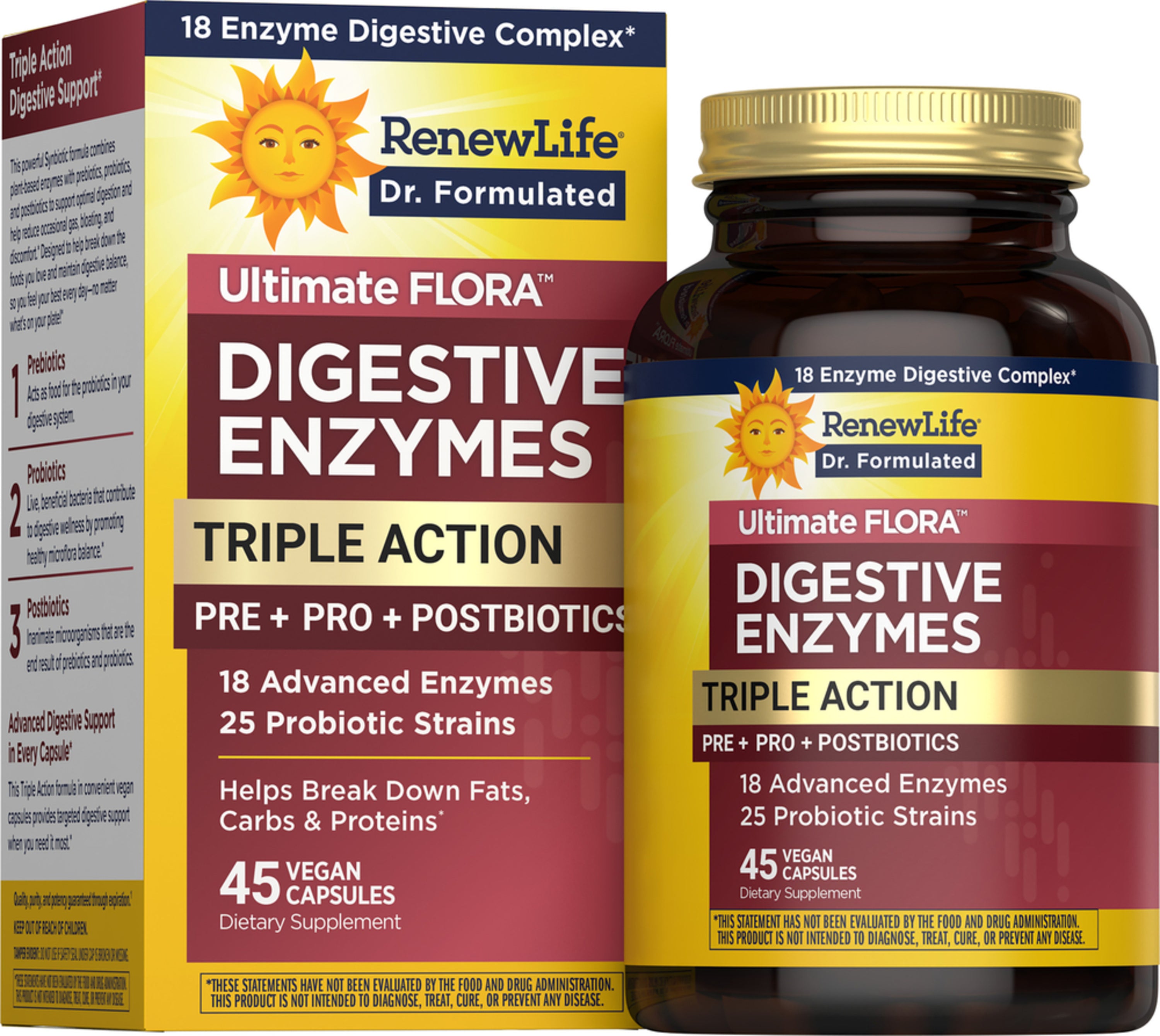 Digestive Enzymes Triple Action Pre + Pro + Postbiotics, 45 Vegan Caps